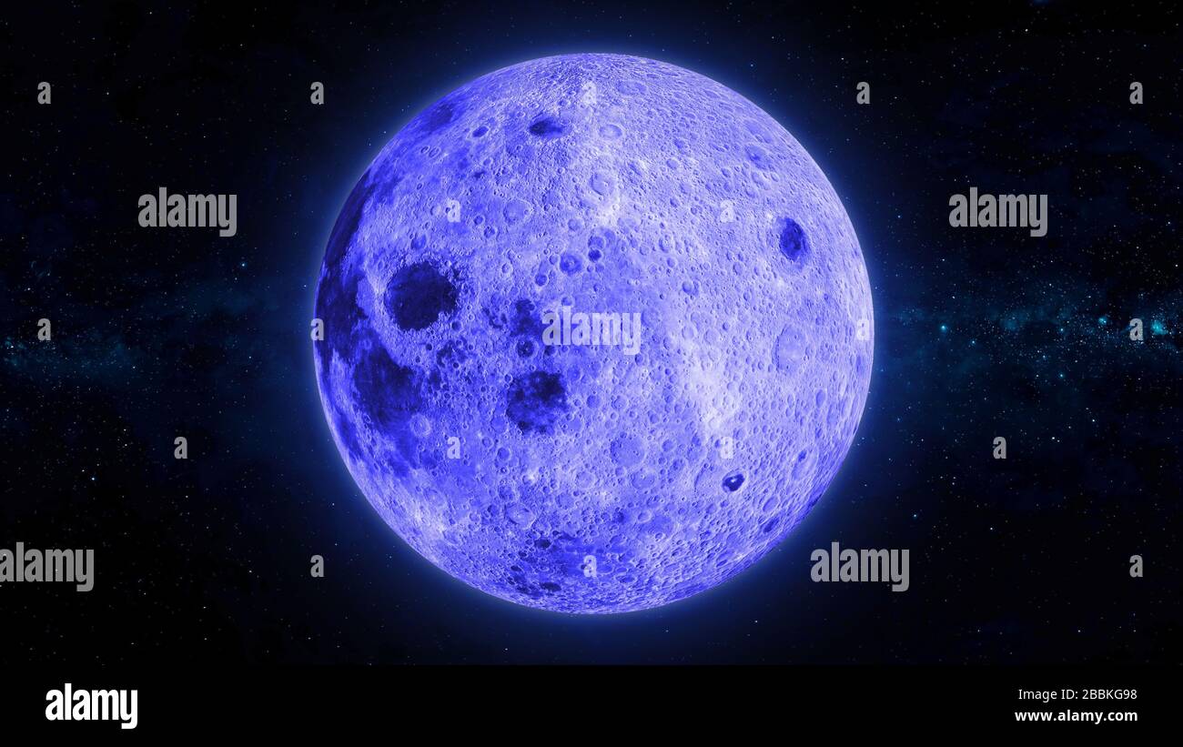 Full pink and blue moon with star at dark night sky background. 3D ...