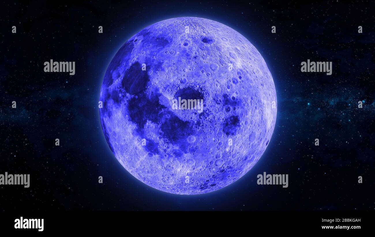 Full pink and blue moon with star at dark night sky background. 3D ...