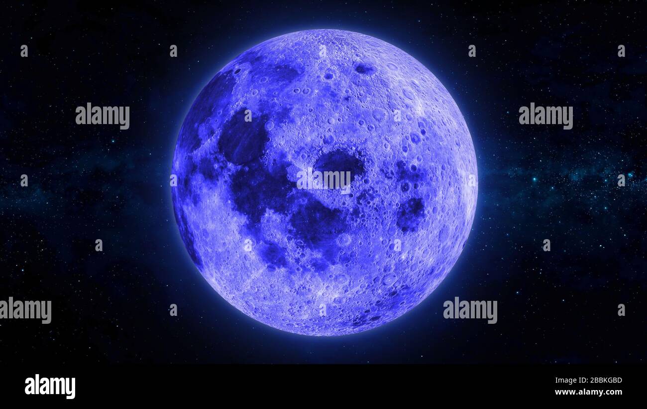 Full pink and blue moon with star at dark night sky background. 3D ...