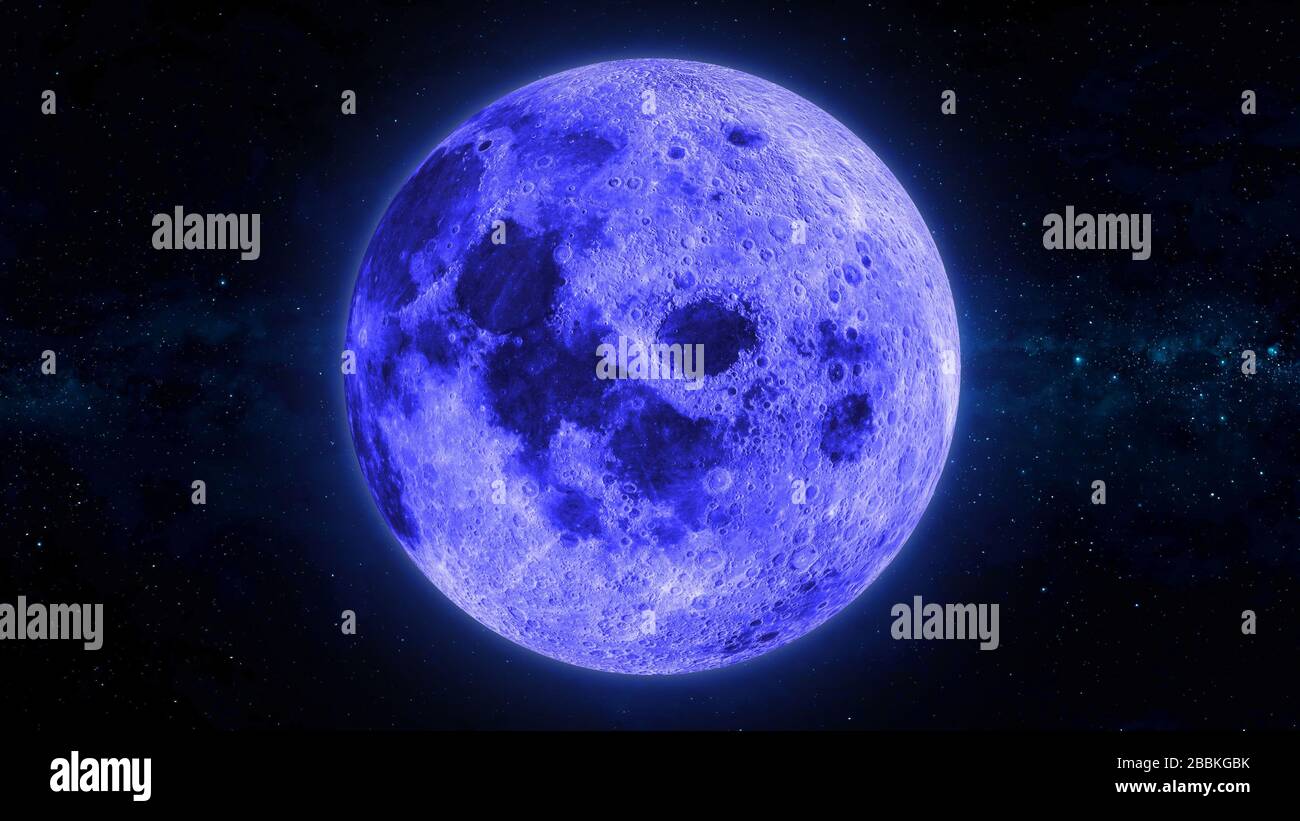 Full pink and blue moon with star at dark night sky background. 3D ...