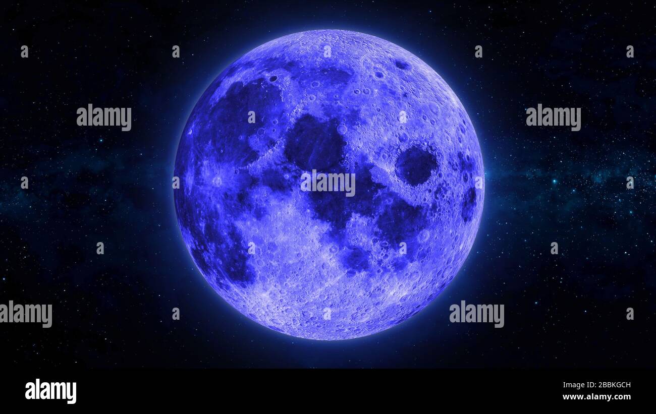 Full pink and blue moon with star at dark night sky background. 3D ...
