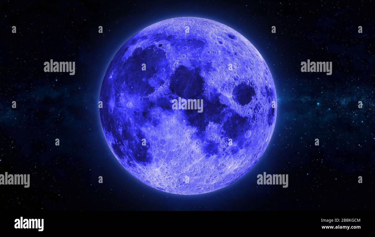 Full pink and blue moon with star at dark night sky background. 3D ...