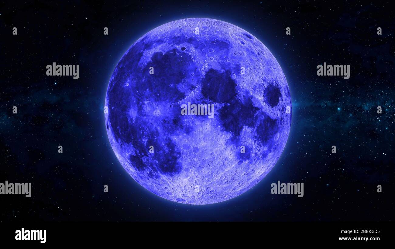 Full pink and blue moon with star at dark night sky background. 3D ...