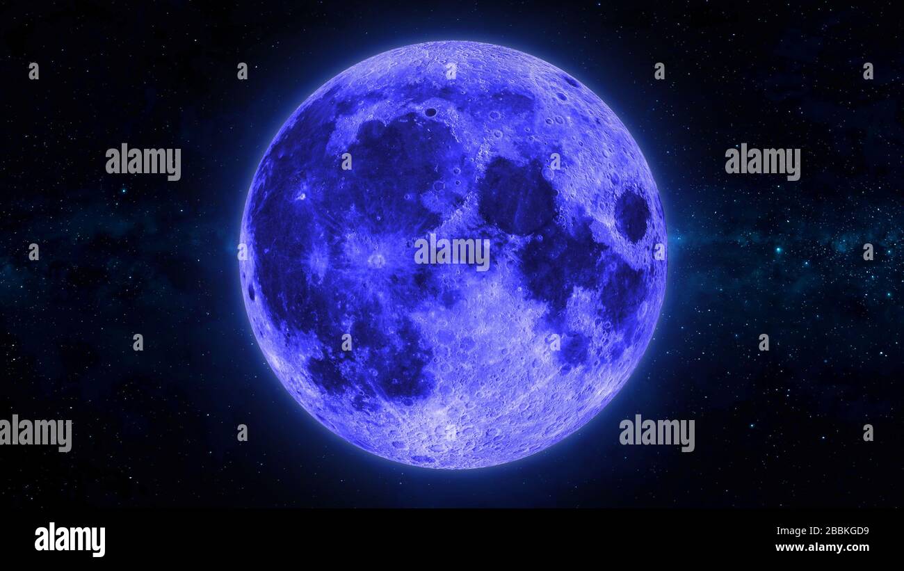 Full pink and blue moon with star at dark night sky background. 3D ...