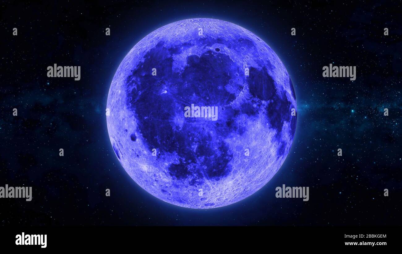 Full pink and blue moon with star at dark night sky background. 3D ...