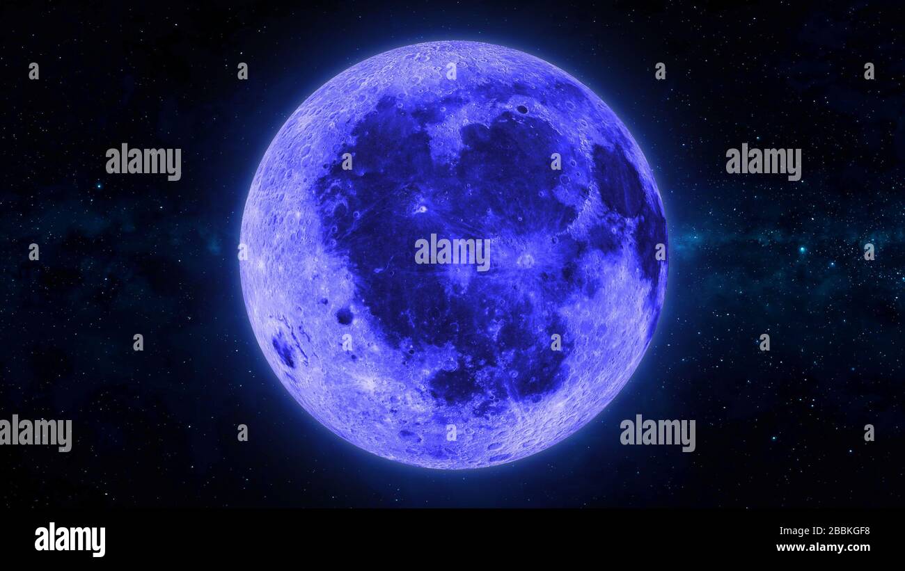 Full pink and blue moon with star at dark night sky background. 3D ...