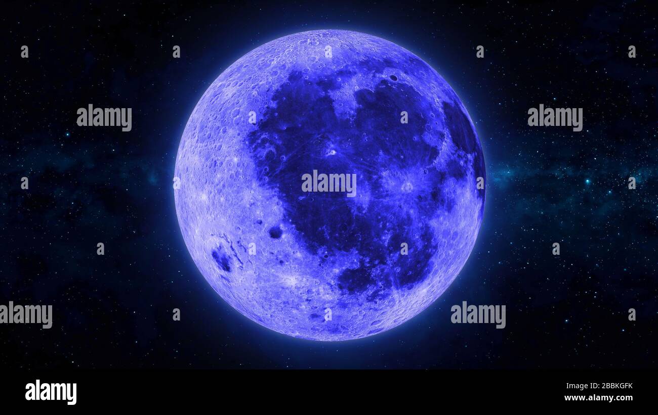 Full pink and blue moon with star at dark night sky background. 3D ...