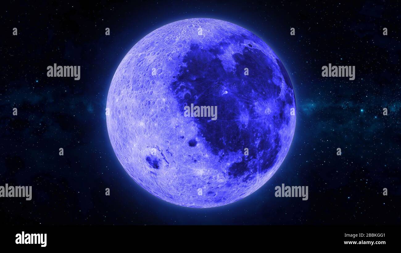 Full pink and blue moon with star at dark night sky background. 3D ...