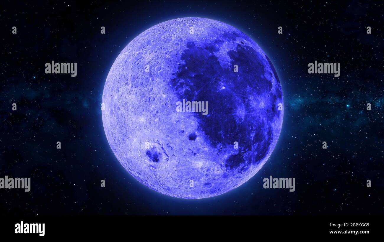 Full pink and blue moon with star at dark night sky background. 3D ...