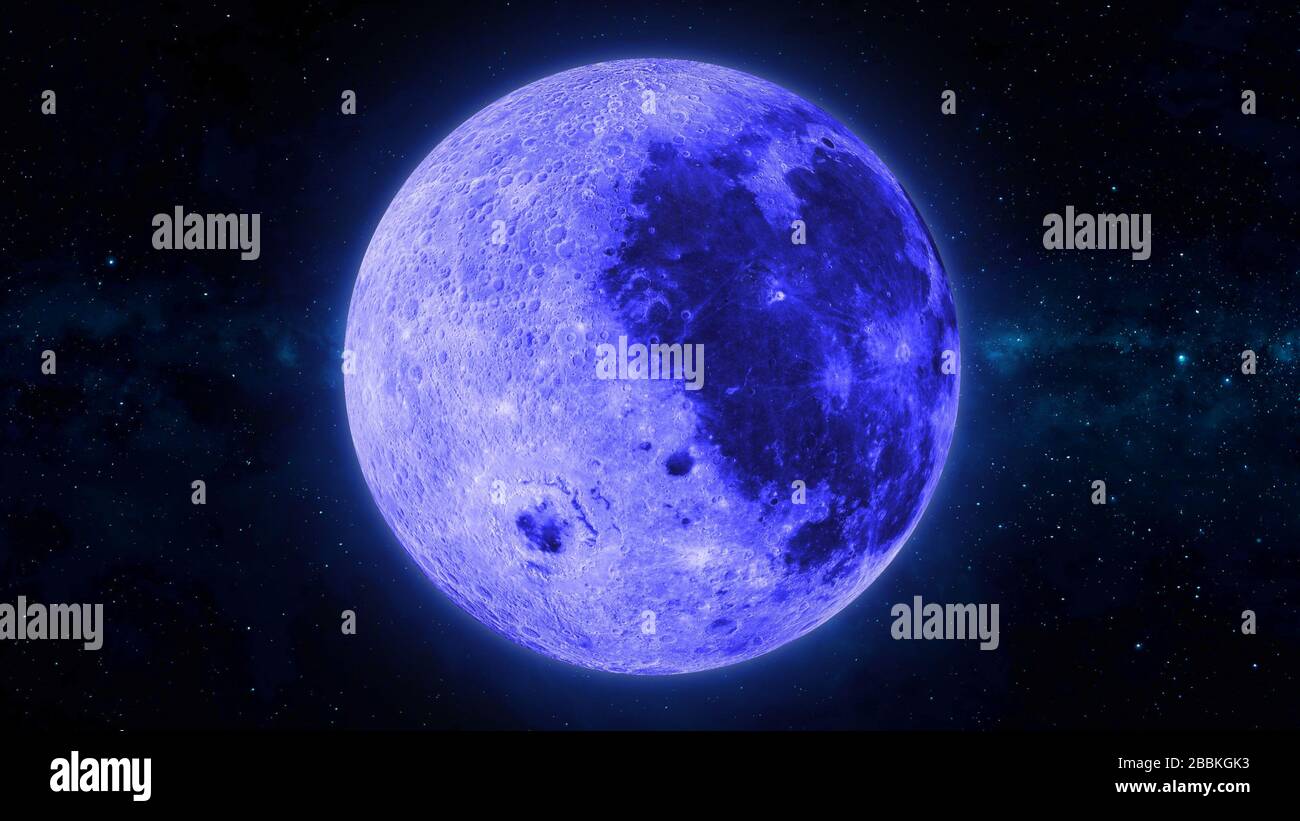 Full pink and blue moon with star at dark night sky background. 3D ...