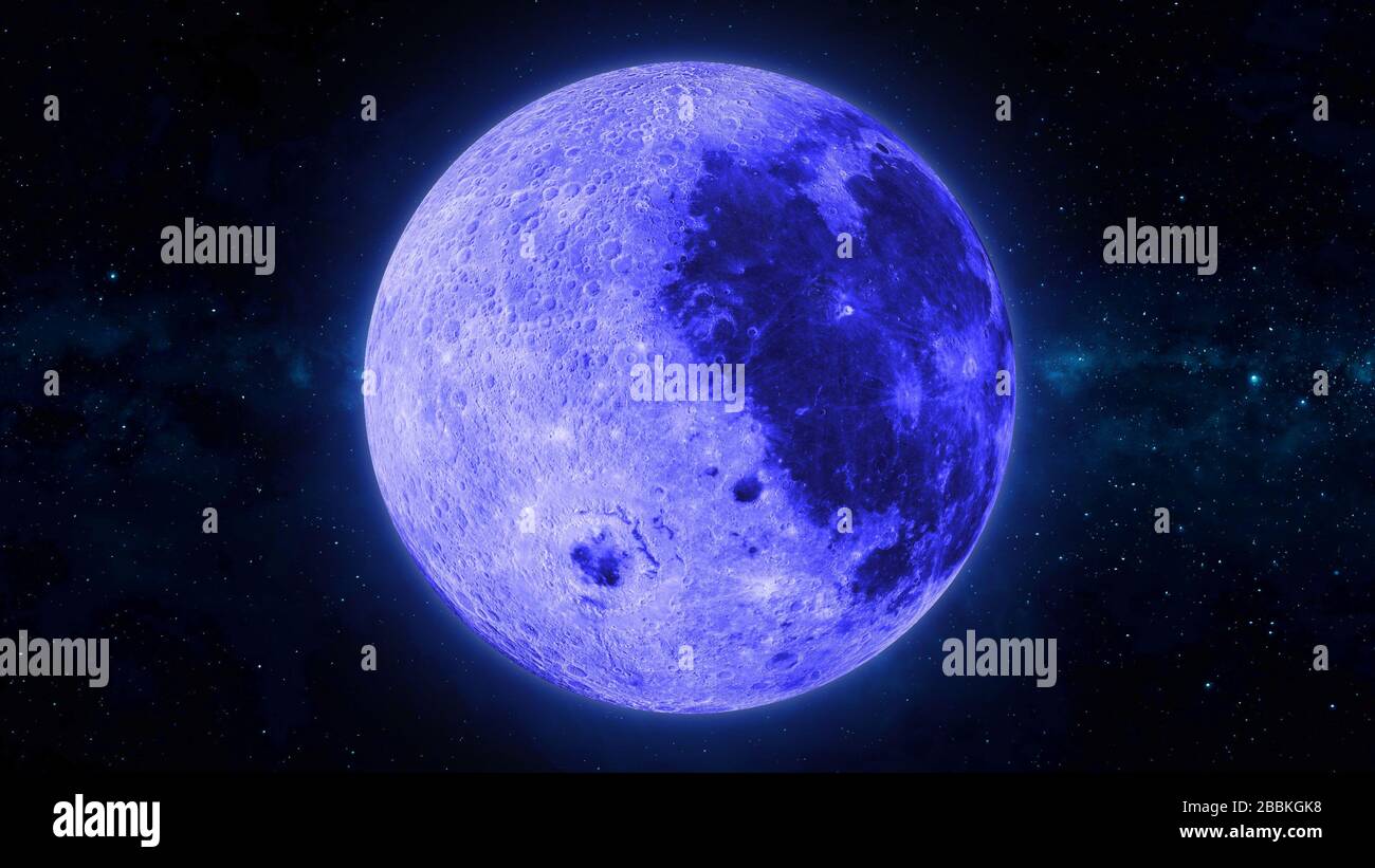 Full pink and blue moon with star at dark night sky background. 3D ...