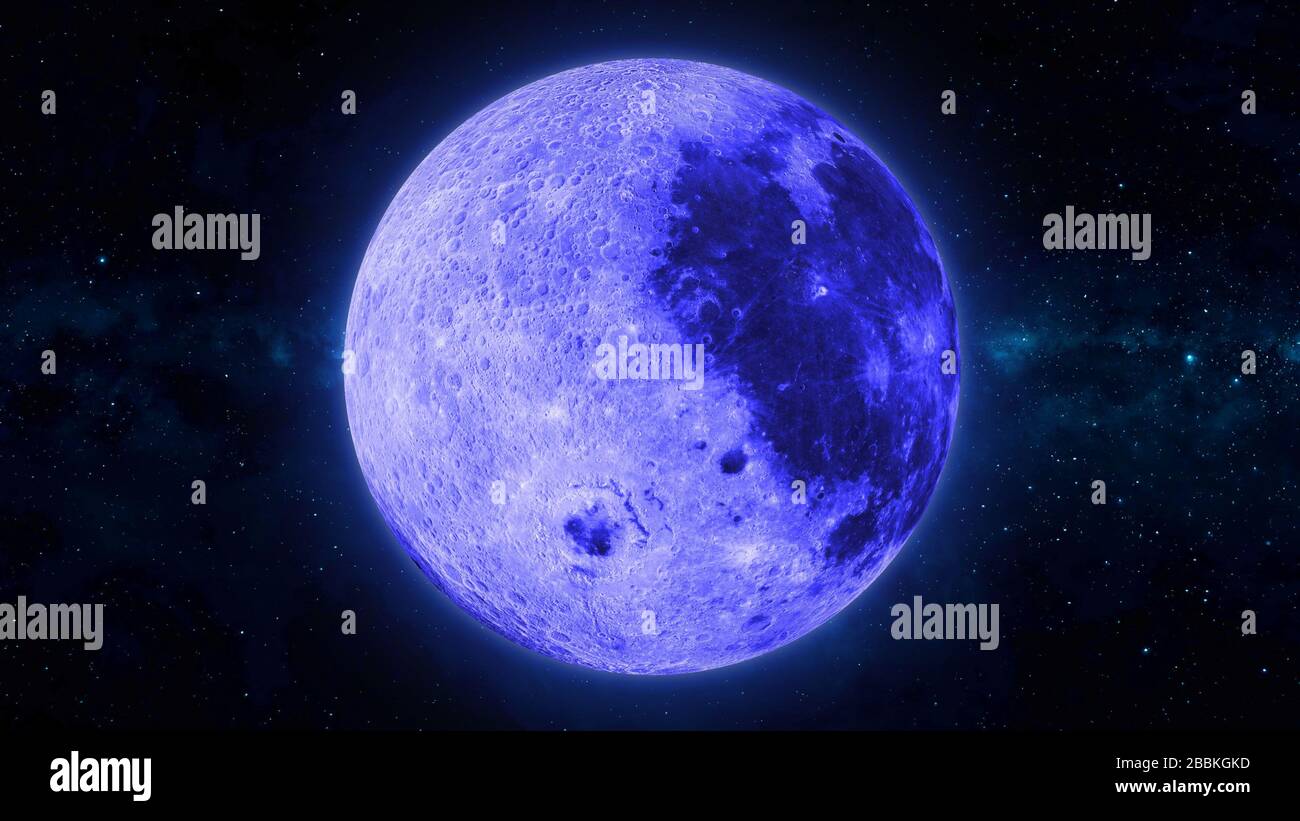 Full pink and blue moon with star at dark night sky background. 3D ...