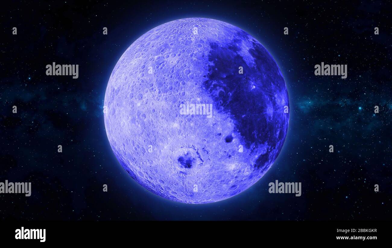 Full pink and blue moon with star at dark night sky background. 3D ...