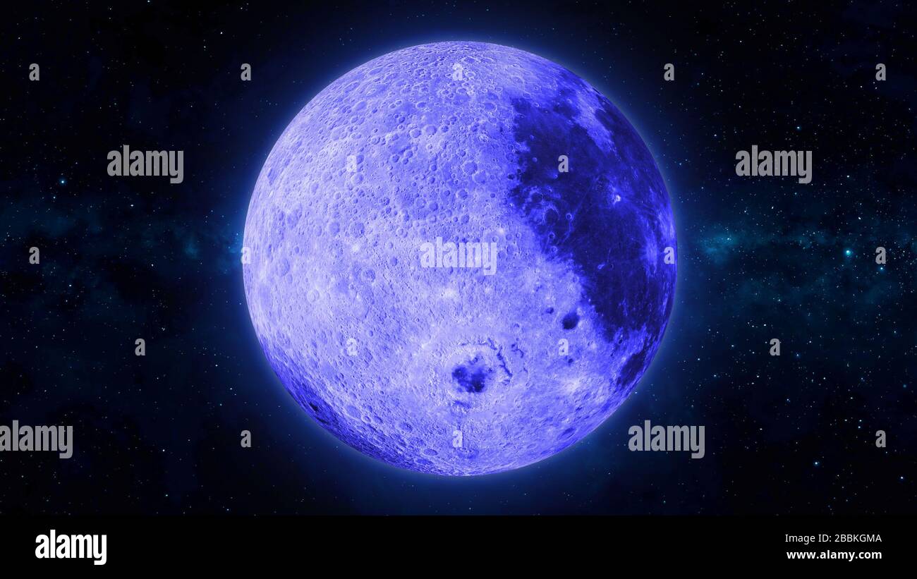 Full pink and blue moon with star at dark night sky background. 3D ...