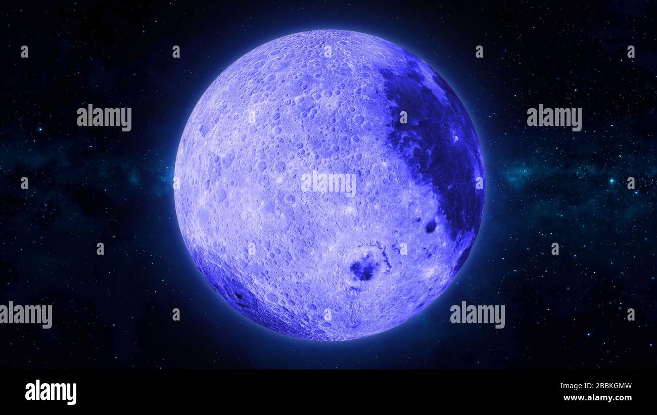 Full pink and blue moon with star at dark night sky background. 3D ...