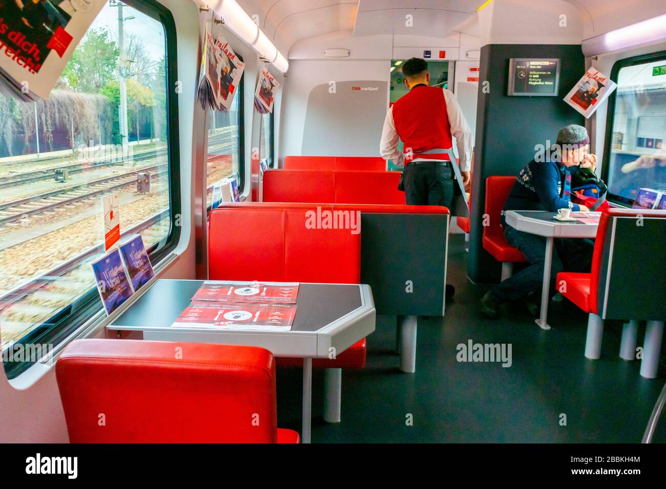 Vienna, Austria, People onboard Austrian Train, Dining Car interior ...