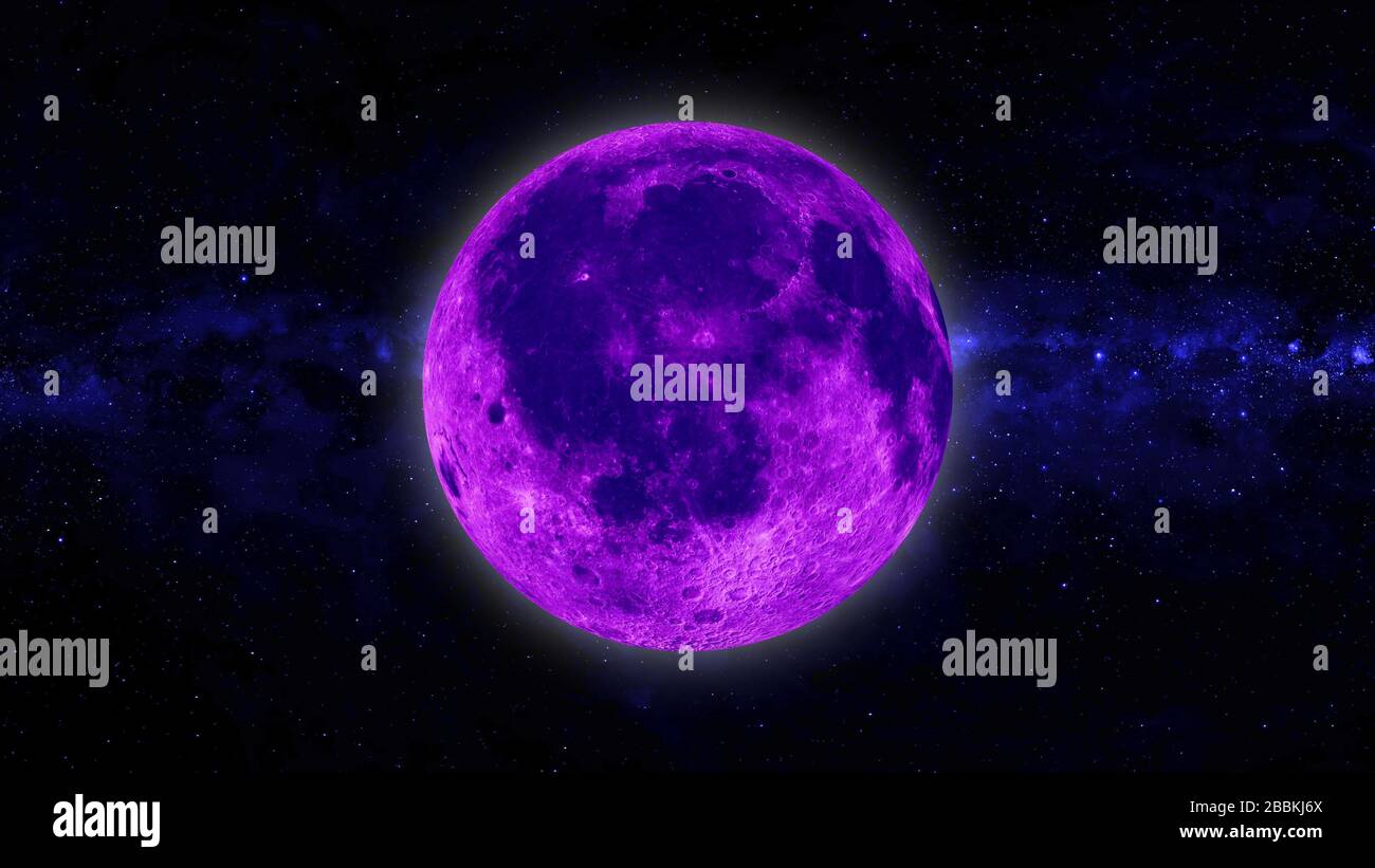 Full pink and blue moon with star at dark night sky background. 3D ...