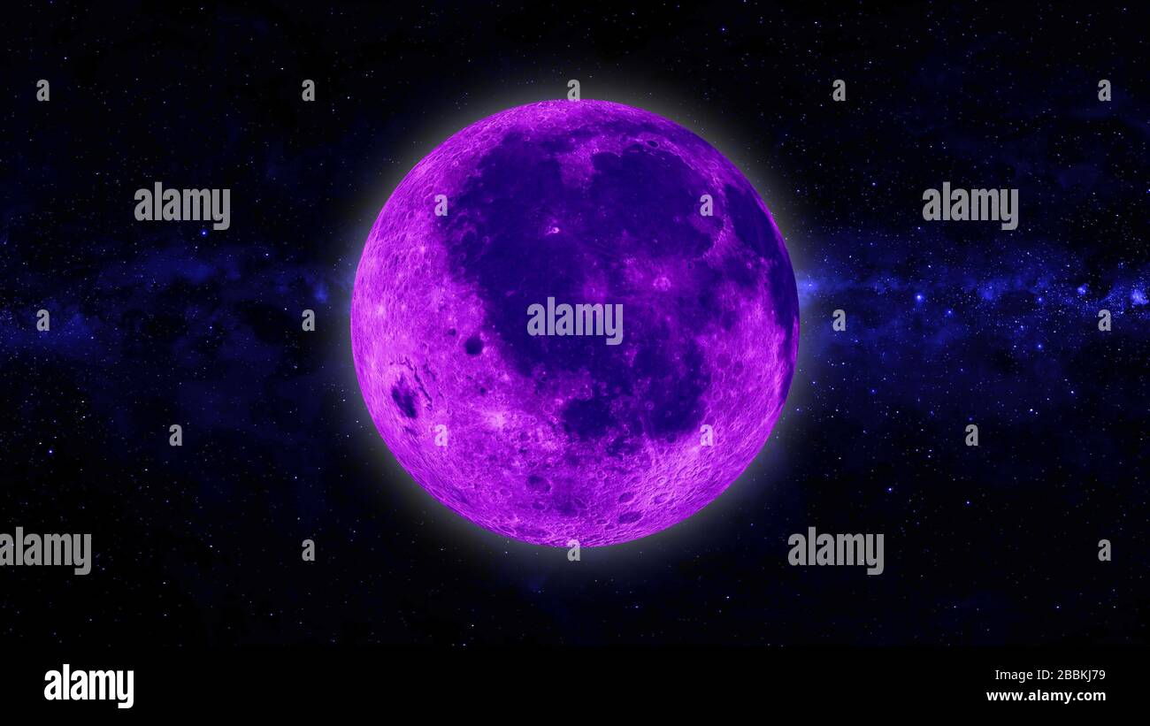 Full pink and blue moon with star at dark night sky background. 3D ...