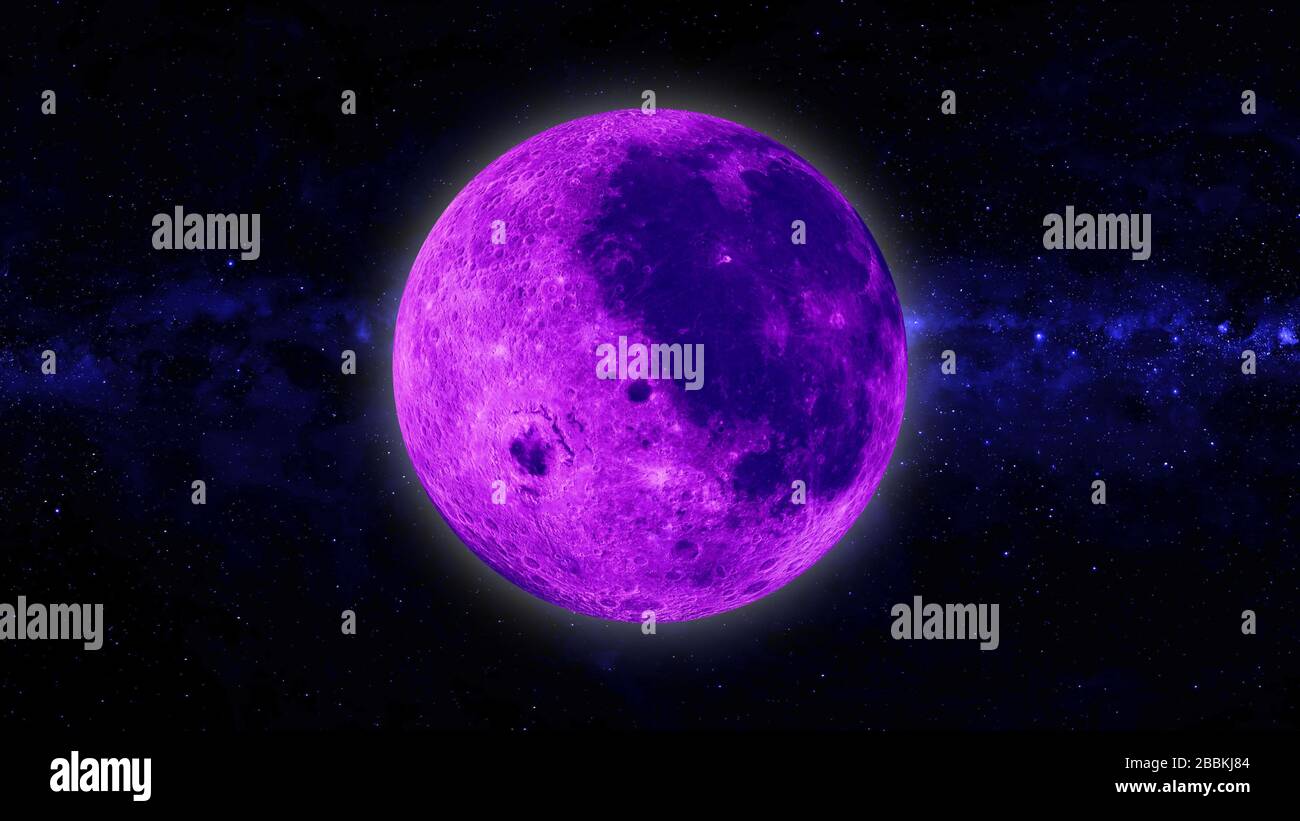 Full pink and blue moon with star at dark night sky background. 3D ...
