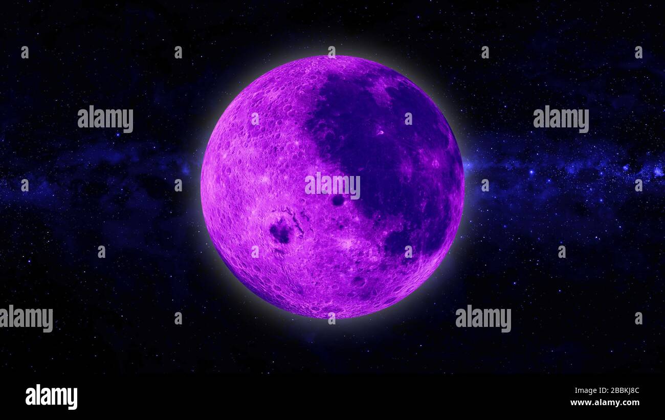 Full pink and blue moon with star at dark night sky background. 3D ...