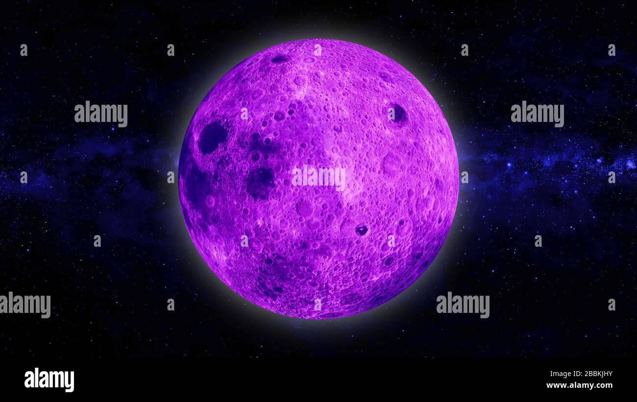 Full pink and blue moon with star at dark night sky background. 3D ...