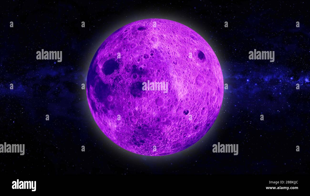 Full pink and blue moon with star at dark night sky background. 3D ...