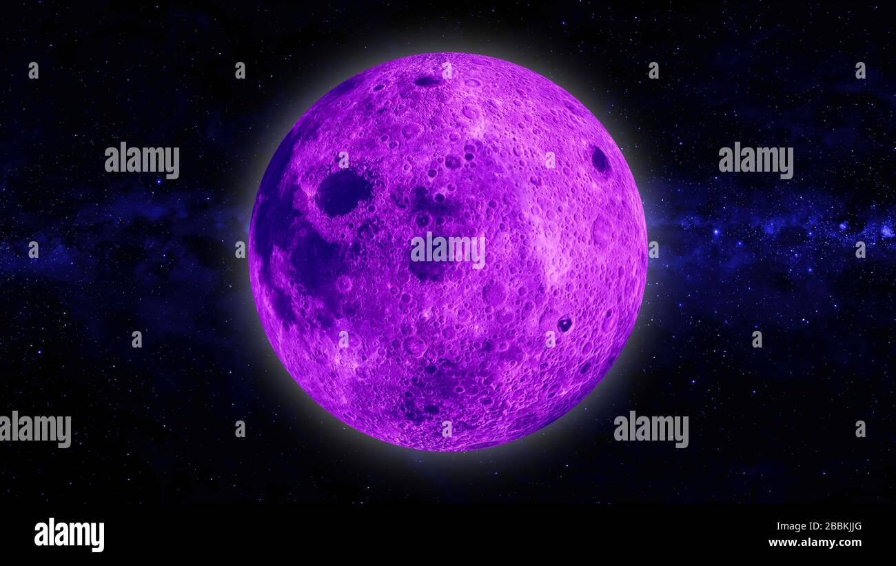 Full pink and blue moon with star at dark night sky background. 3D ...