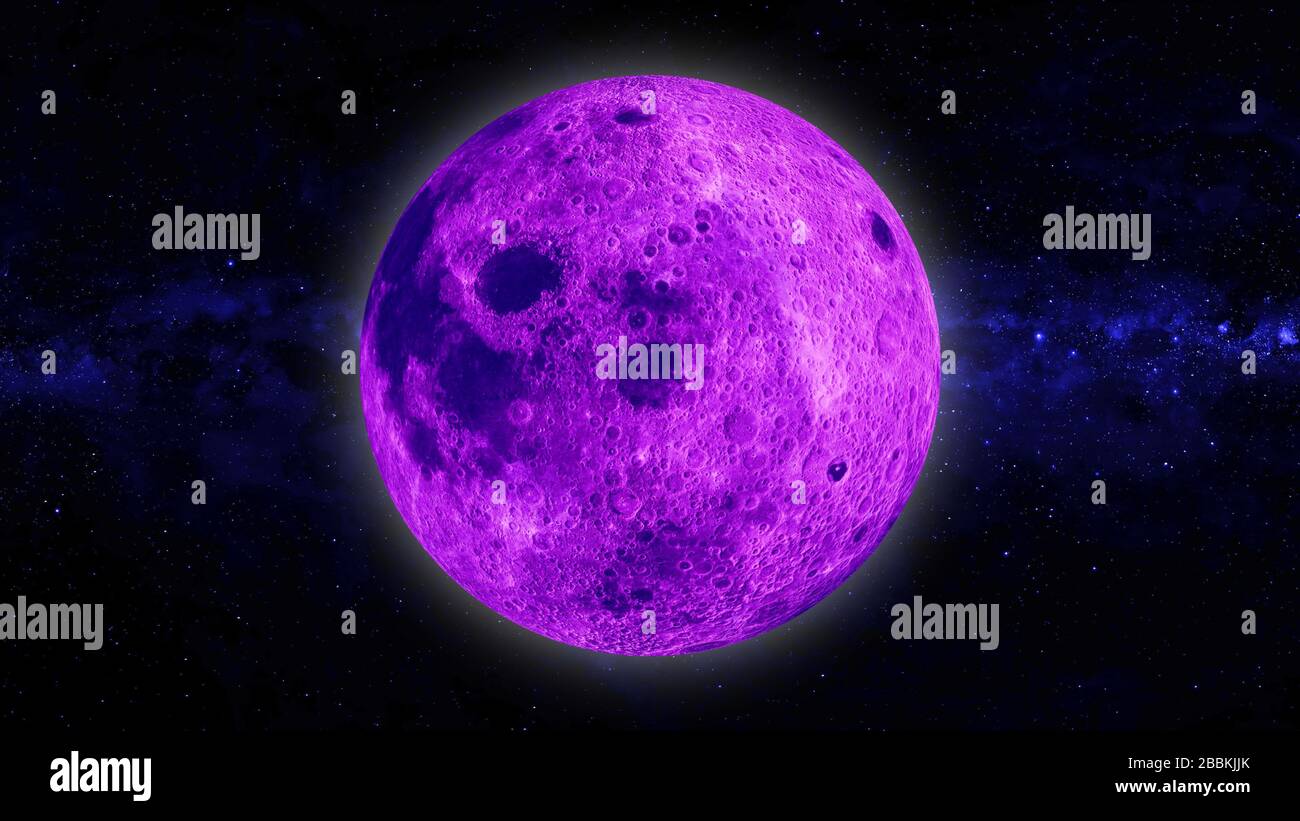 Full pink and blue moon with star at dark night sky background. 3D ...