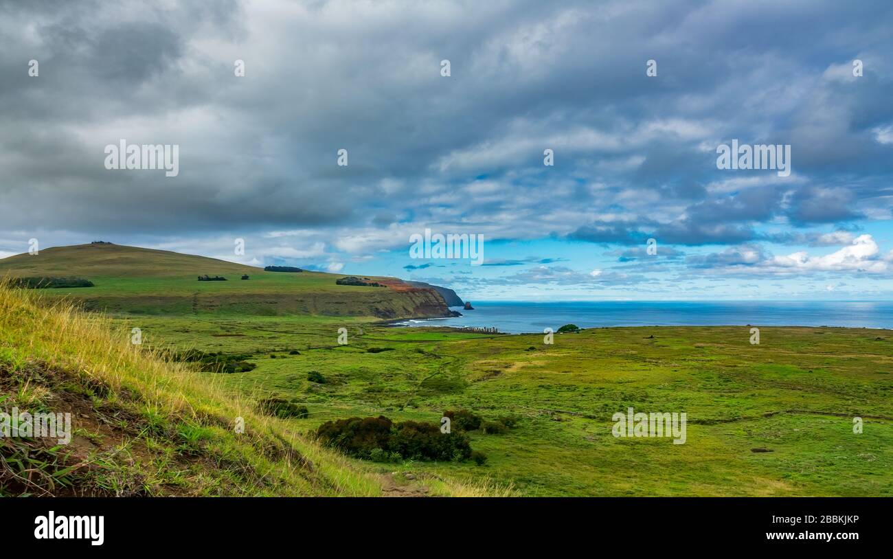 Top view of Ahu Tongariki moai platform in the distance Stock Photo - Alamy