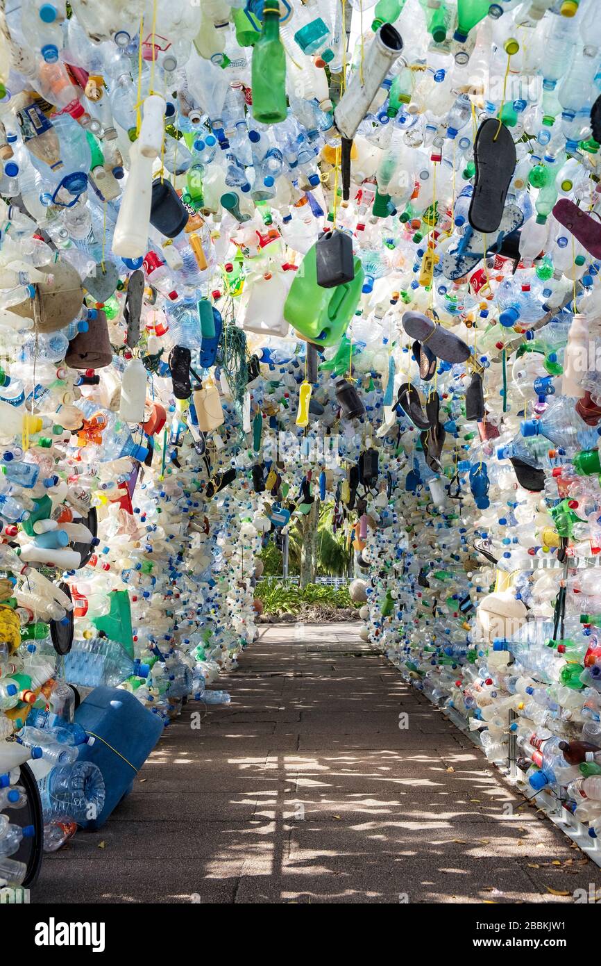 Trash tunnel made of Used and old Plastic bottles, containers, and ...