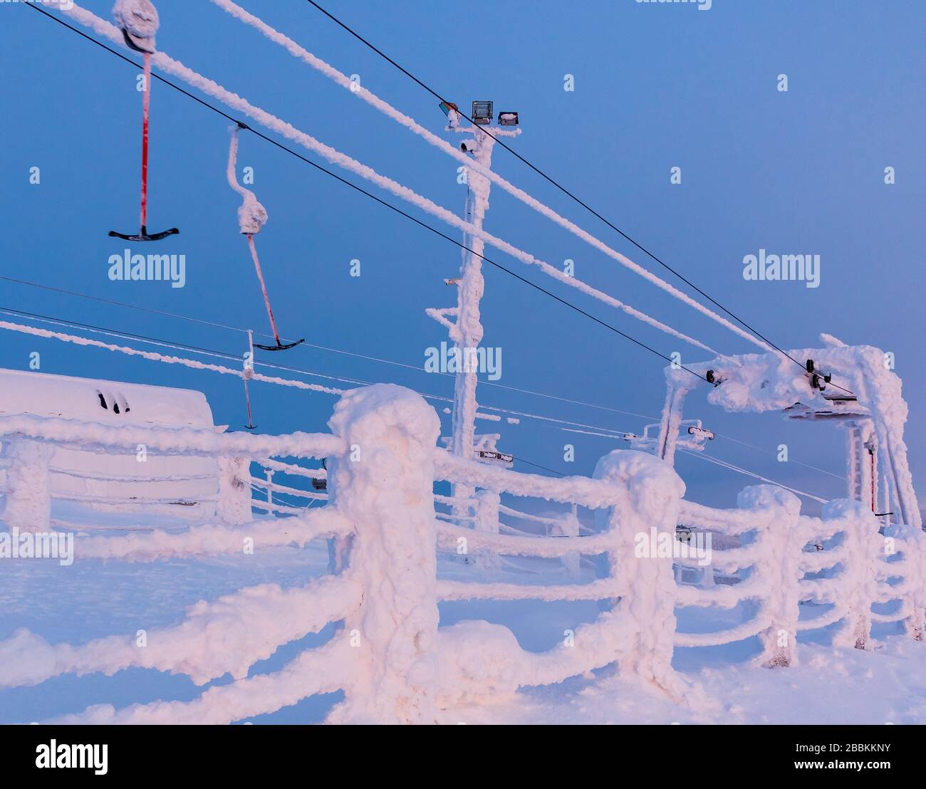 Mountain View of the ski resort Ruka Finnish Lapland and ski cable car ...