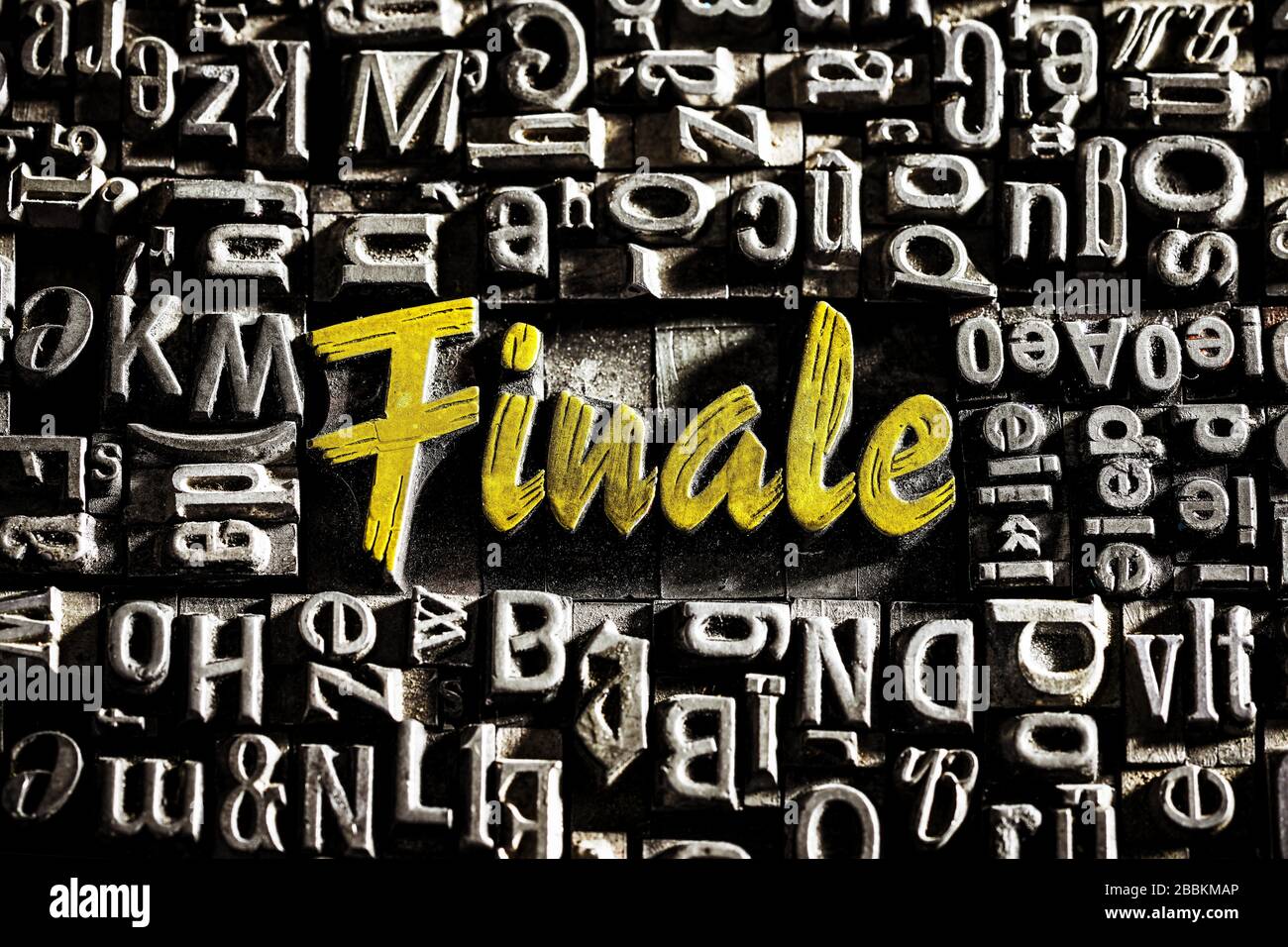 Old lead letters with golden writing show the word Finale, Germany ...