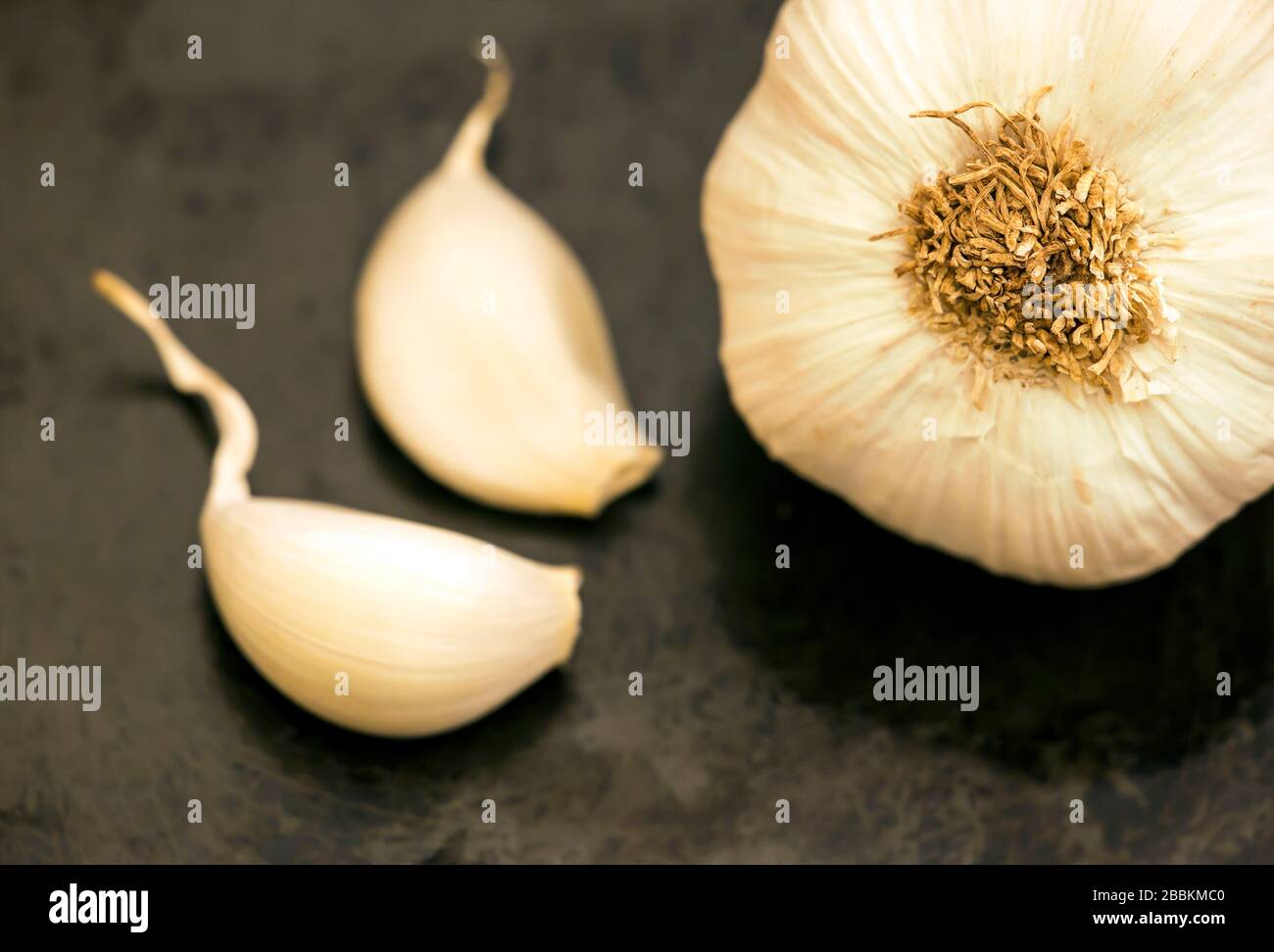 Fresh white garlic - healthy eating vegetable spice food, closeup, top ...