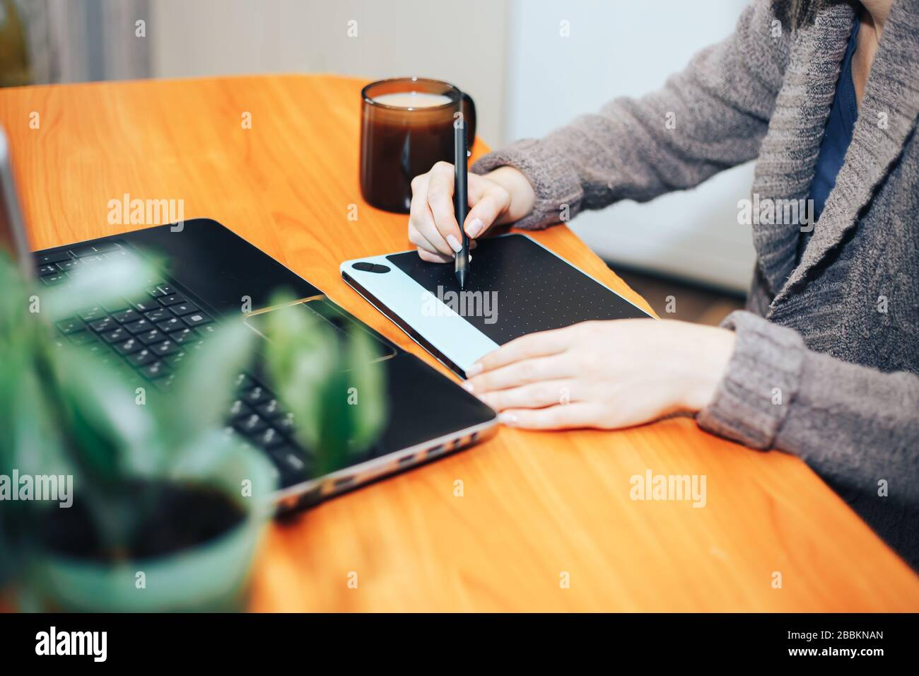 Young beautiful girl works at home Stock Photo - Alamy