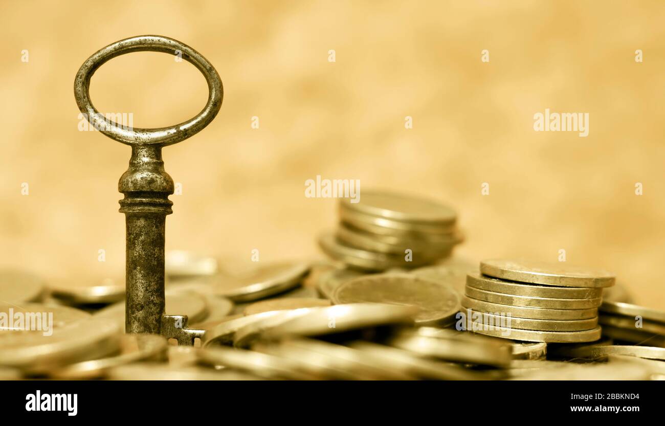 Financial planning, freedom concept - web banner of key and money coins ...