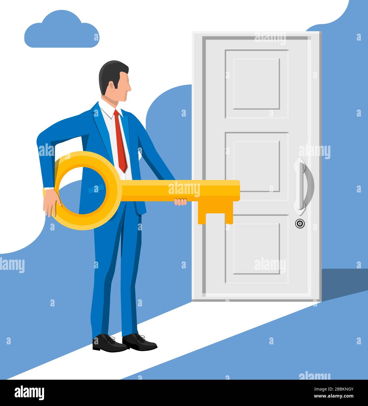Businessman standing in front of closed door holding big key. Solution ...
