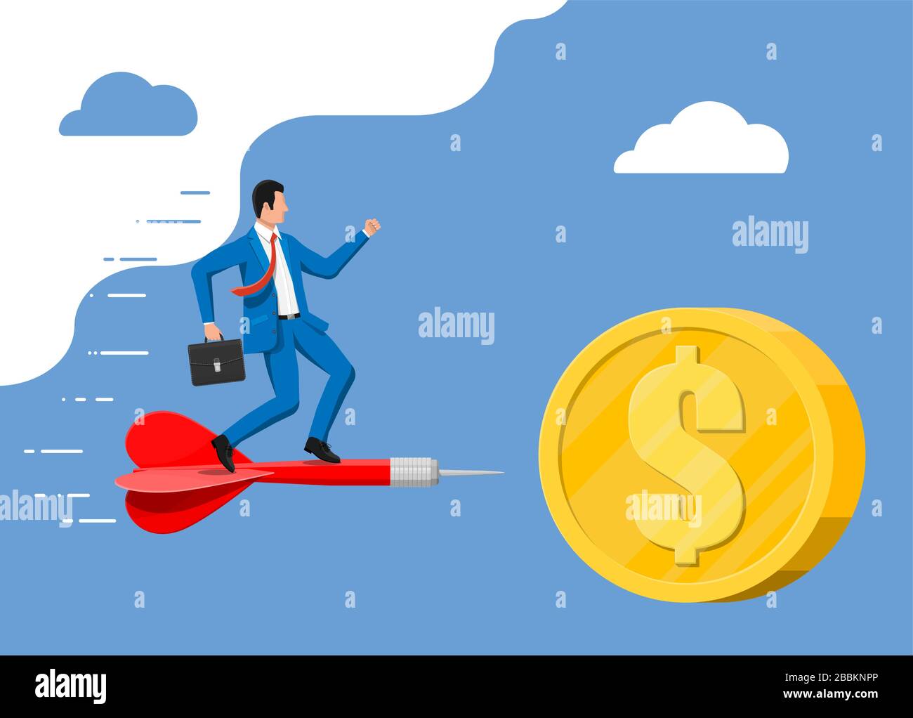 Businessman on aart arrow in dollar coin target. Goal setting. Smart ...