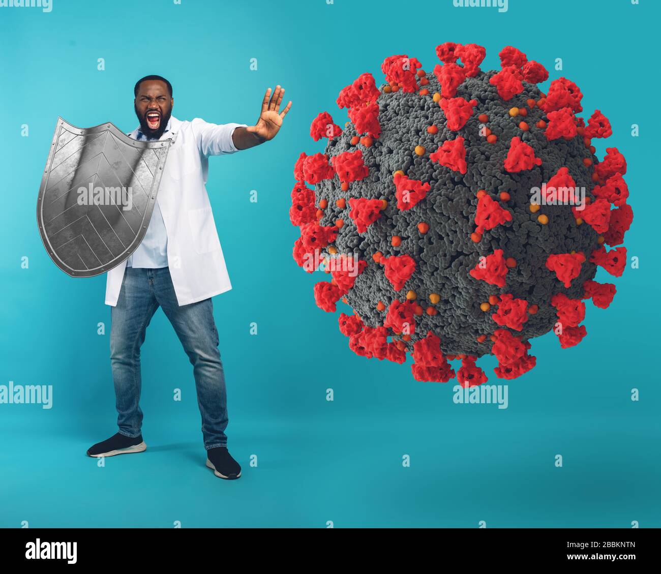 Doctor with shield fighting the sars cov virus 2 on cyan background ...