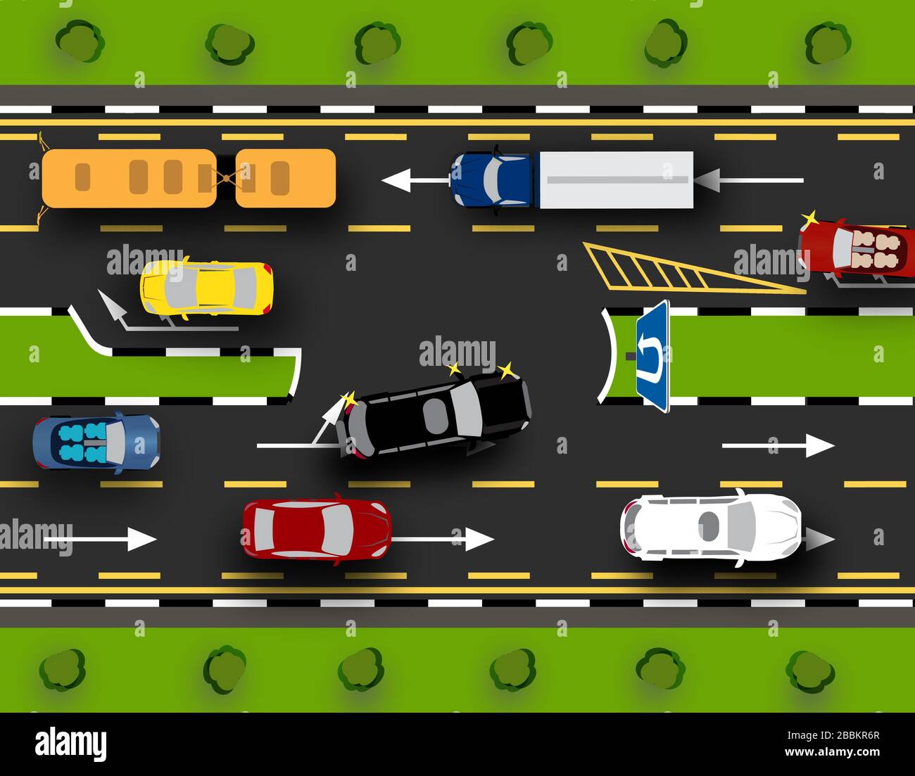 City street with a U-turn for cars. Traffic Close-up, lawns. Vector ...
