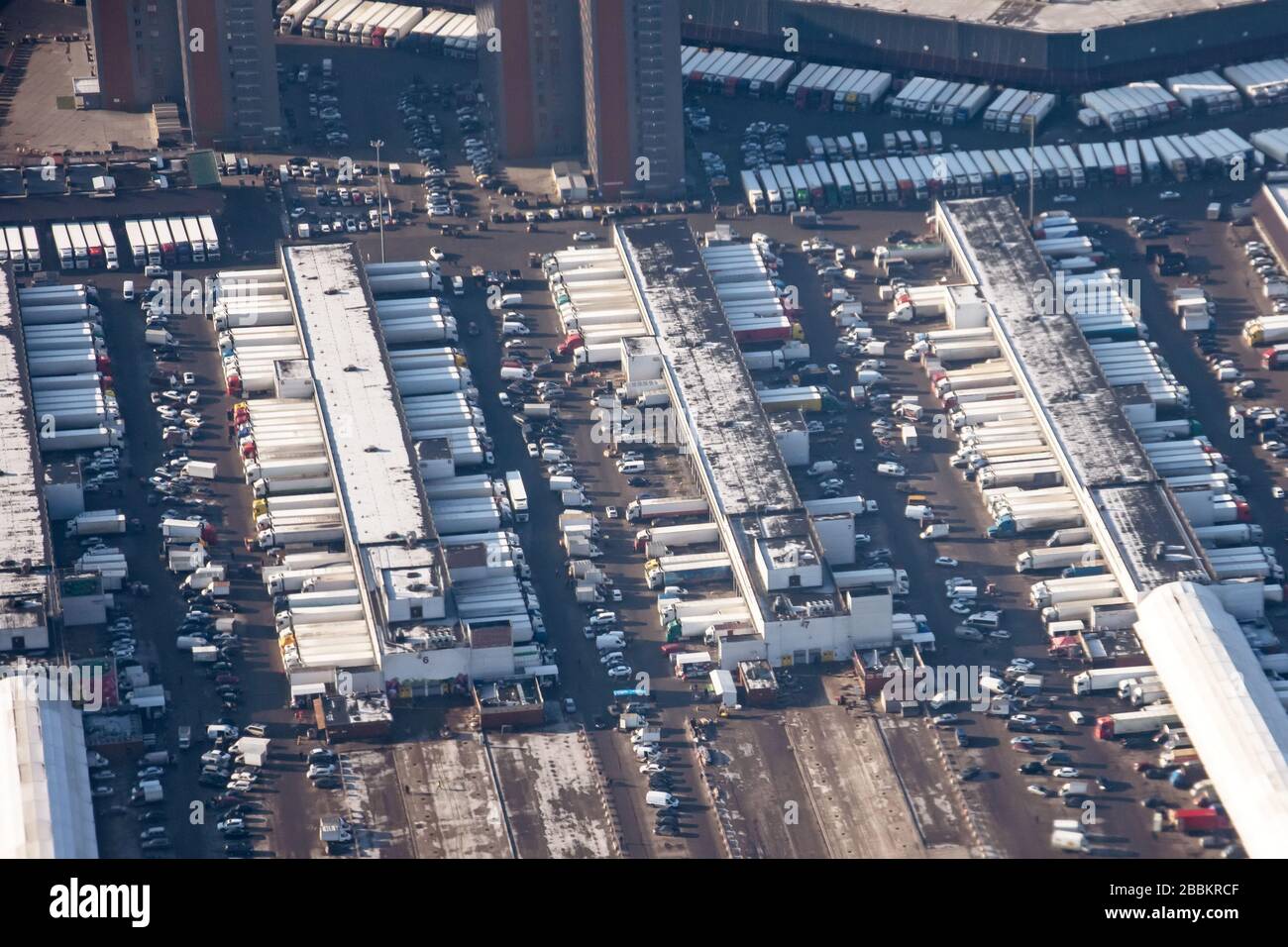 Aerial view of truck dock, view of the food base warehouse with many ...