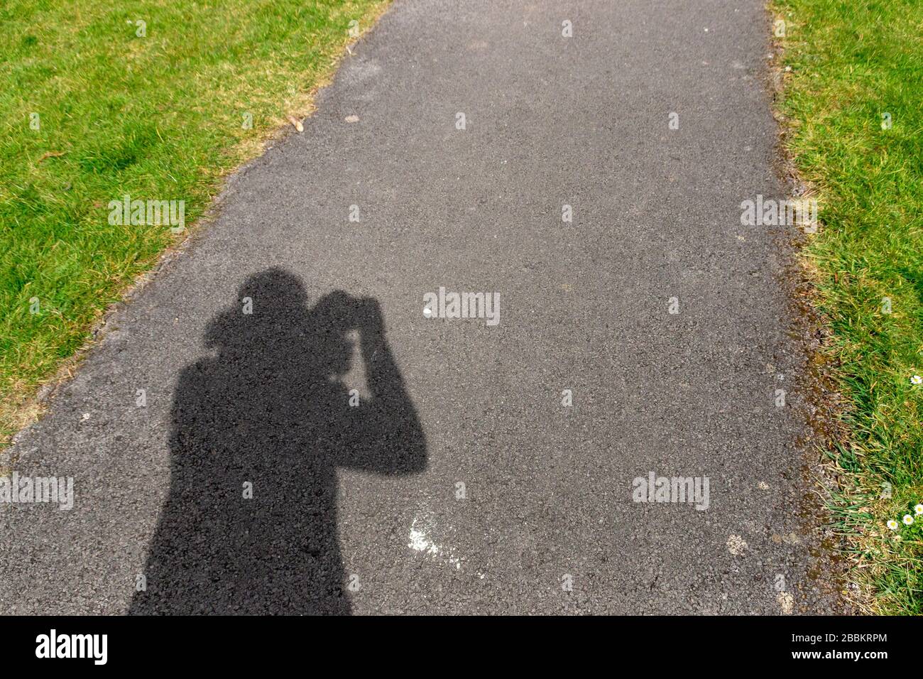 A close up view of the shadow of someone in the bright sun taking ...