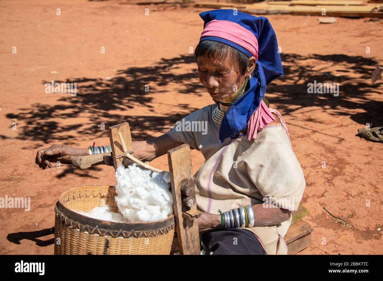 Pan Pet, Kayah State, Myanmar - February 2020: Portrait of an elderly Kayan longneck woman or ...