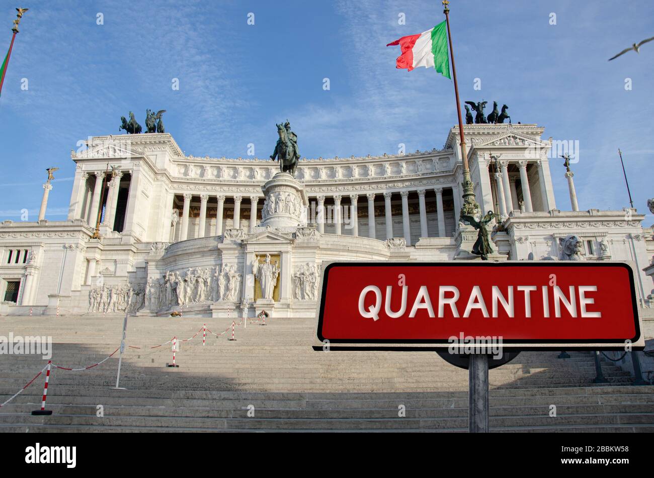 Quarantine sign with Altar of the Fatherland in Rome, Italy Stock Photo ...
