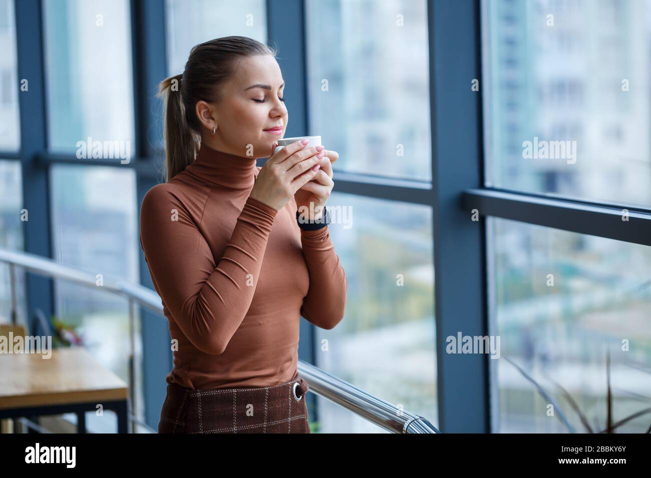 Smiling happy managing woman director thinking about her successful ...