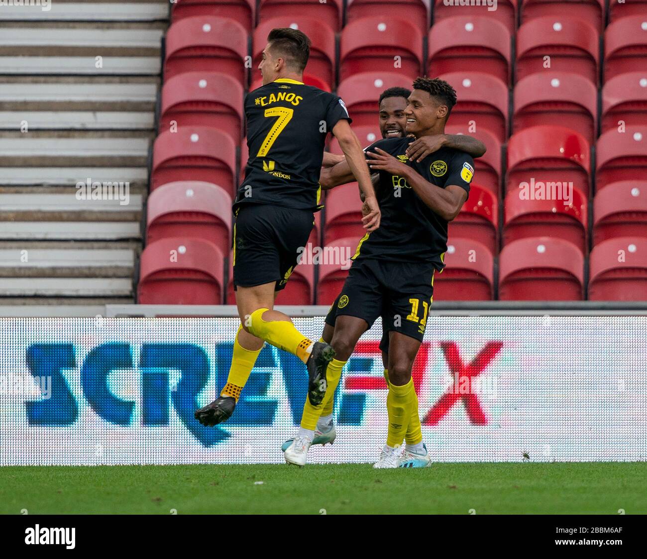 Brentford's Ollie Watkins celebrates scoring his side's first goal of ...