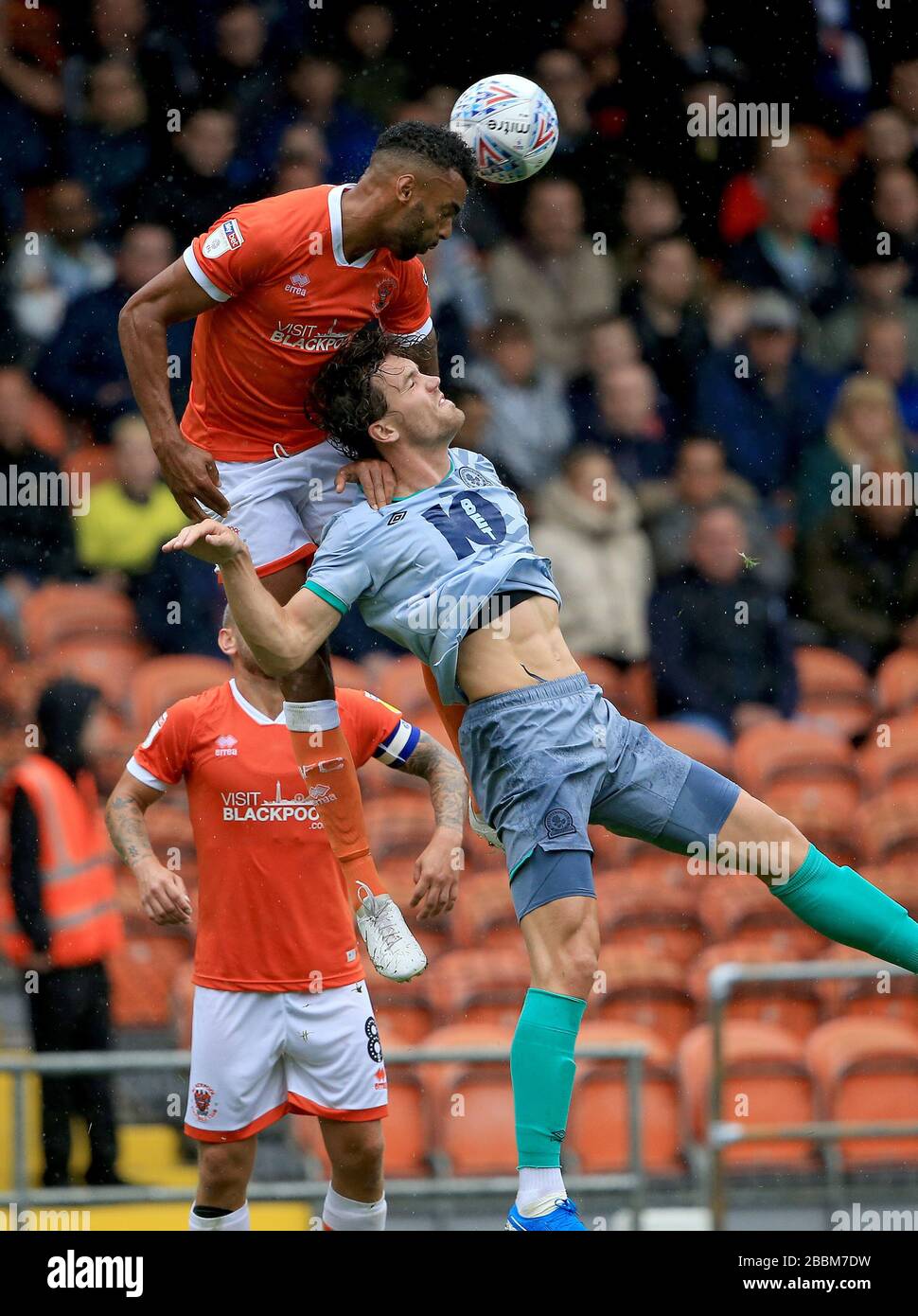Blackpool's Curtis Tilt and Blackburn Rovers' Sam Gallagher contest a ...