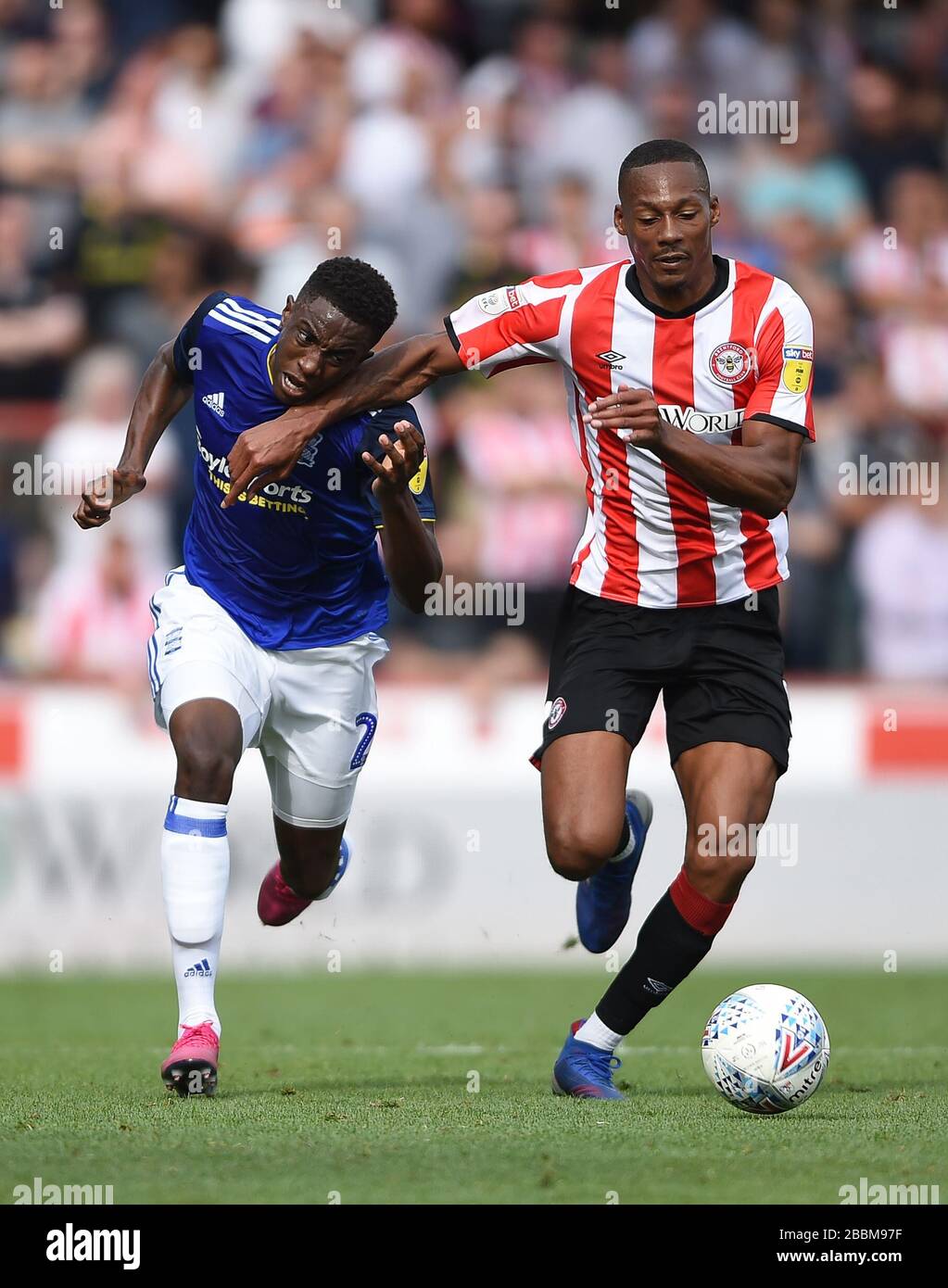 Birmingham City's Wes Harding (left) and Brentford's Ethan Pinnock ...