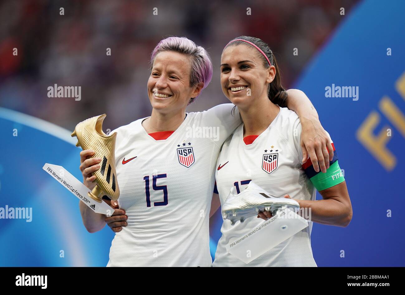 USA's Megan Rapinoe (left) and Alex Morgan with the adidas Golden Boot ...