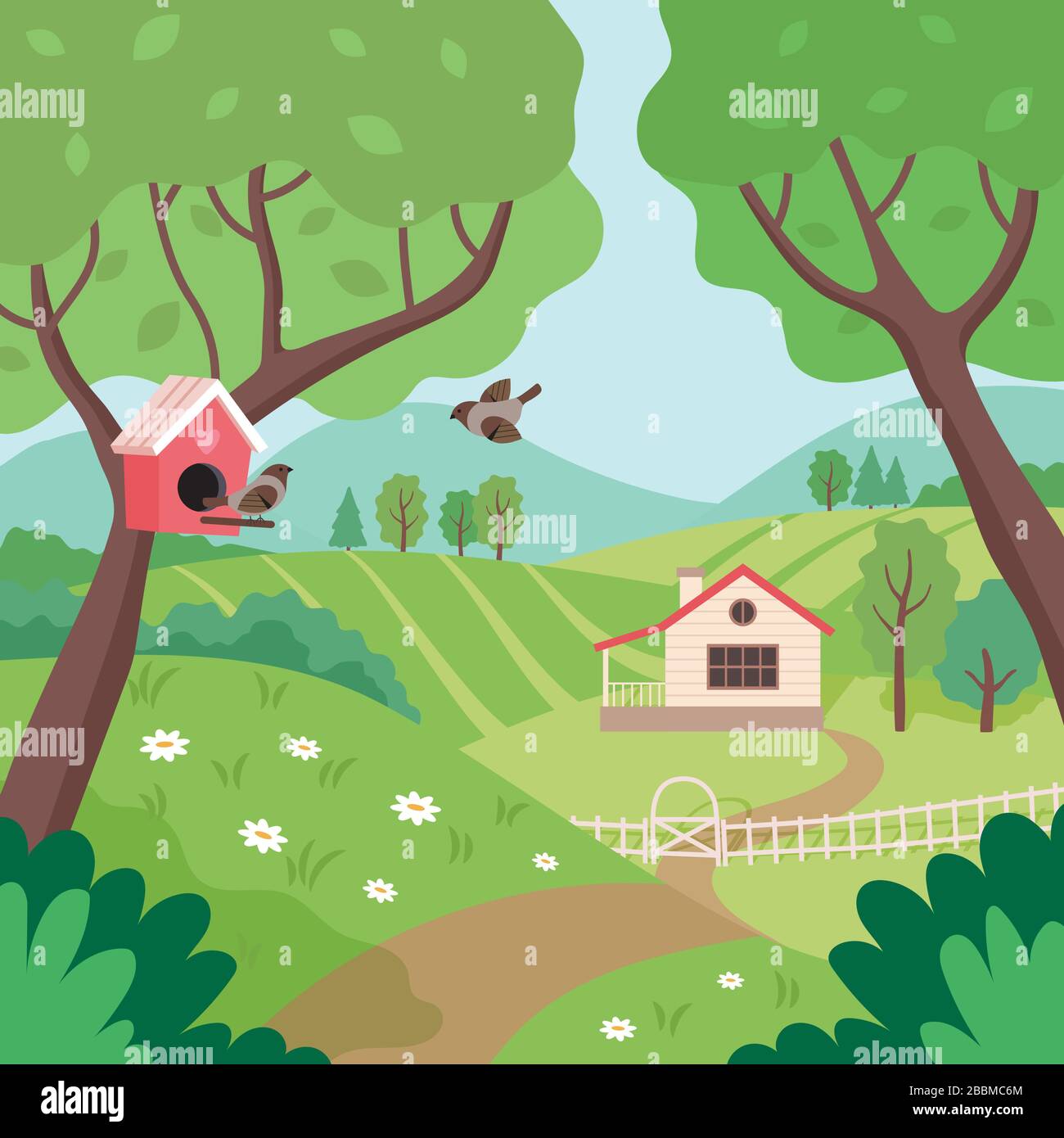 Spring countryside landscape with house, trees and birds. Cute vector ...