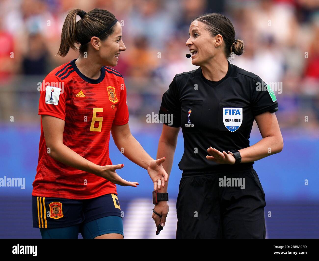 Spain's Victoria Losada (left) speaks with referee Katalin Kulcsar ...